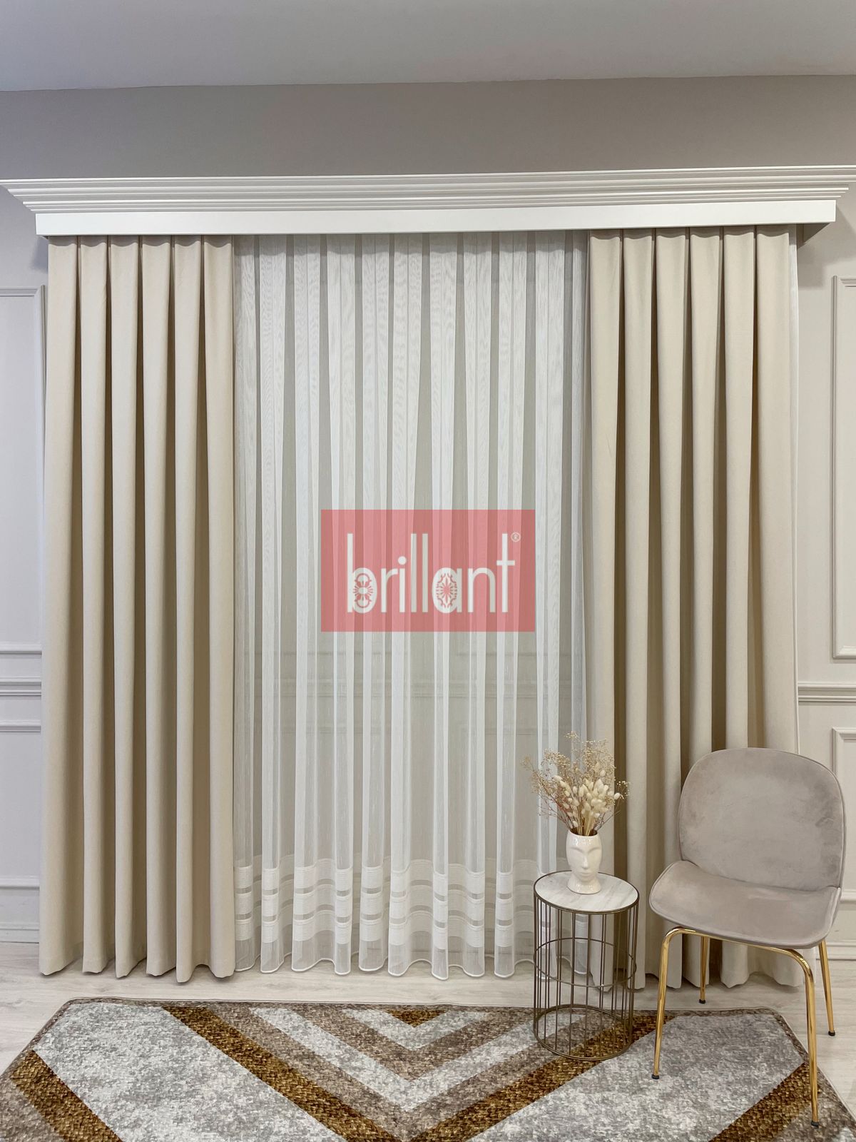 Bej Renk - Keten Görünümlü 1/3 SIK Pile Fon Perde | shop.brillant.com