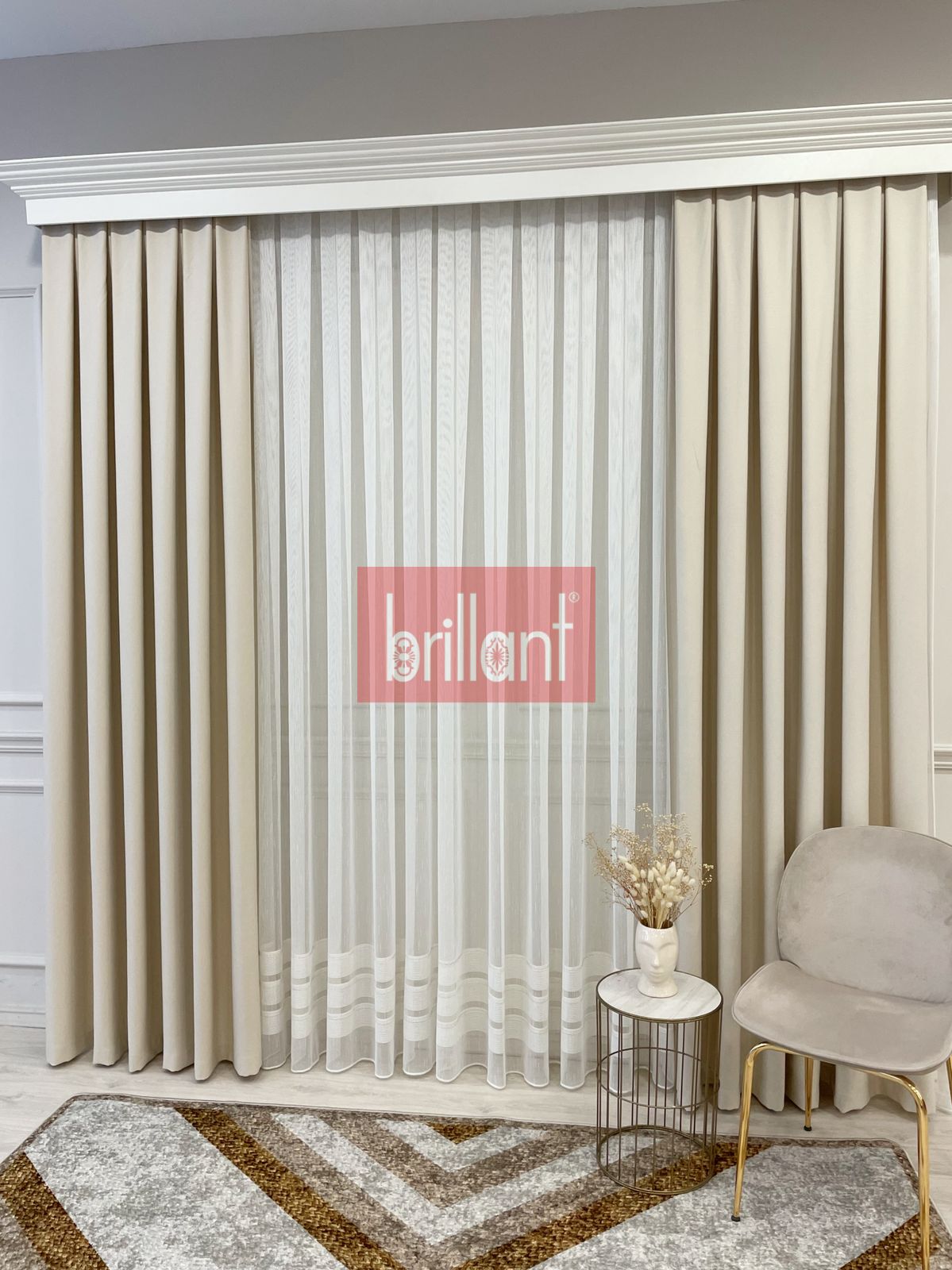 Bej Renk - Keten Görünümlü 1/3 SIK Pile Fon Perde | shop.brillant.com