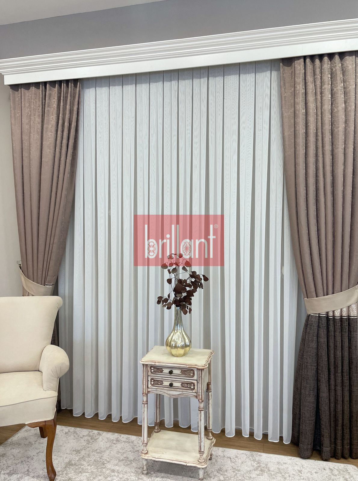 Ekru Renk Kendinden Çizgili 1/3 SIK Pile Tül Perde | shop.brillant.com